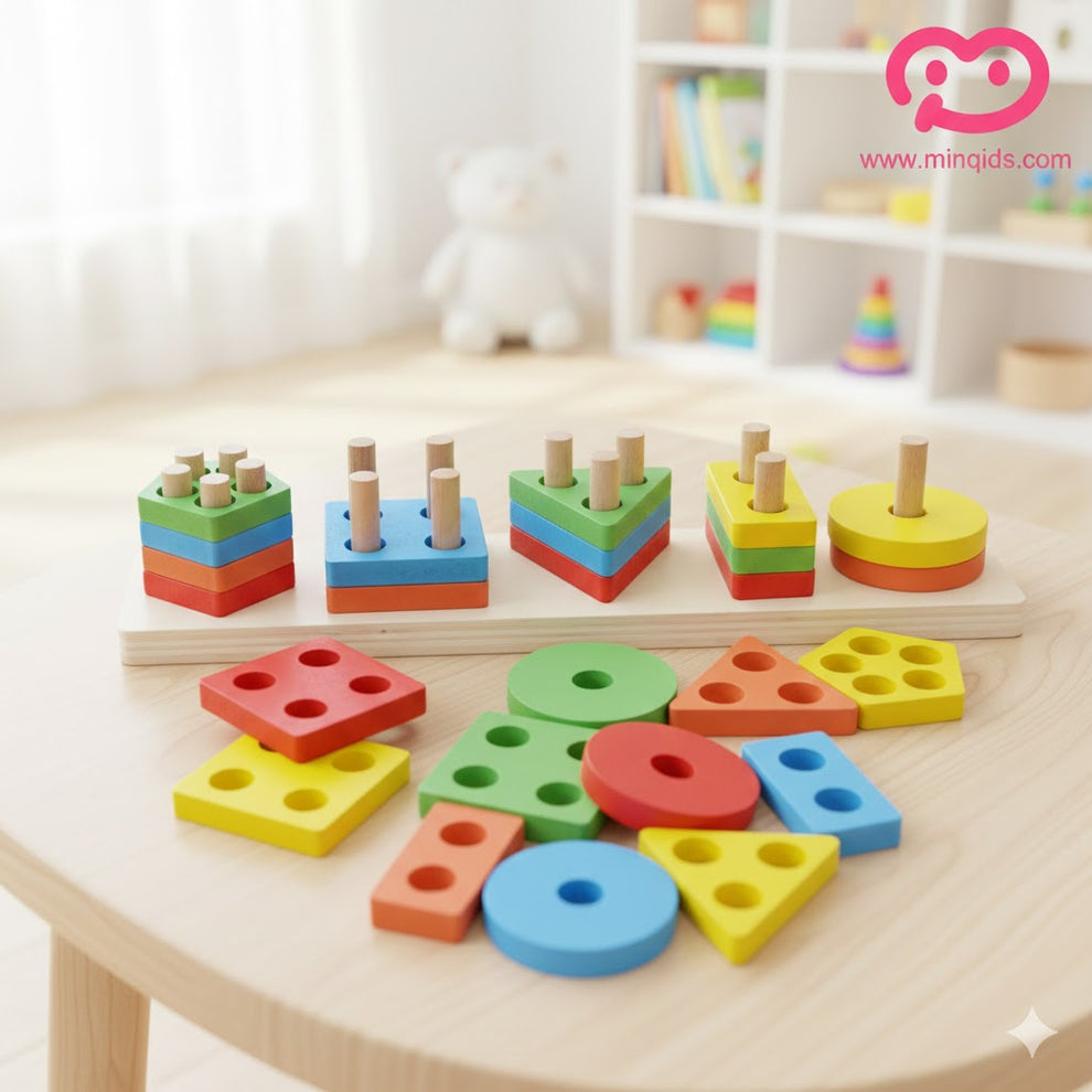 5-in-1 Premium Wooden Geometric Shape Sorter & Counting Stacker – MINQIDS