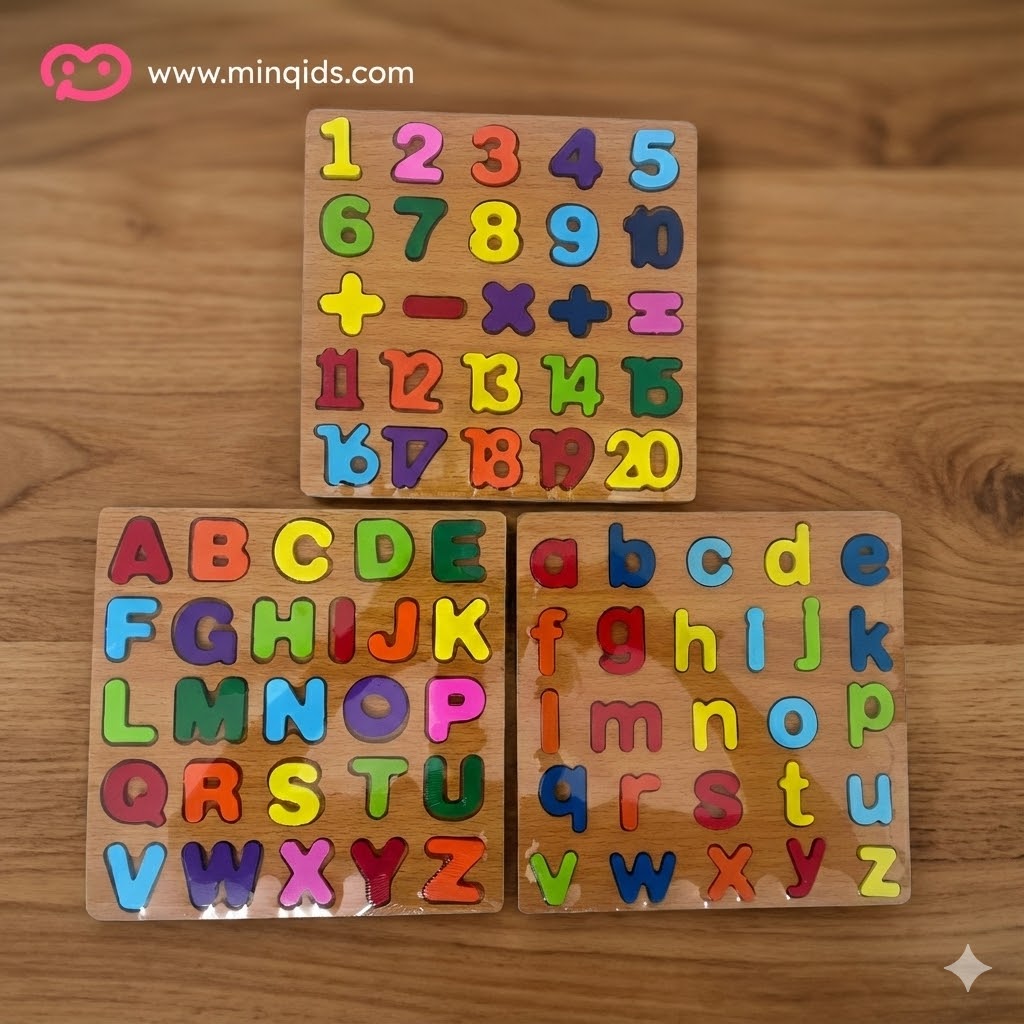 Learning ABCD, abcd & Numbers Wooden Educational Board – MINQIDS