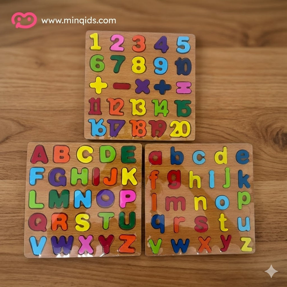 Learning ABCD, abcd & Numbers Wooden Educational Board – MINQIDS